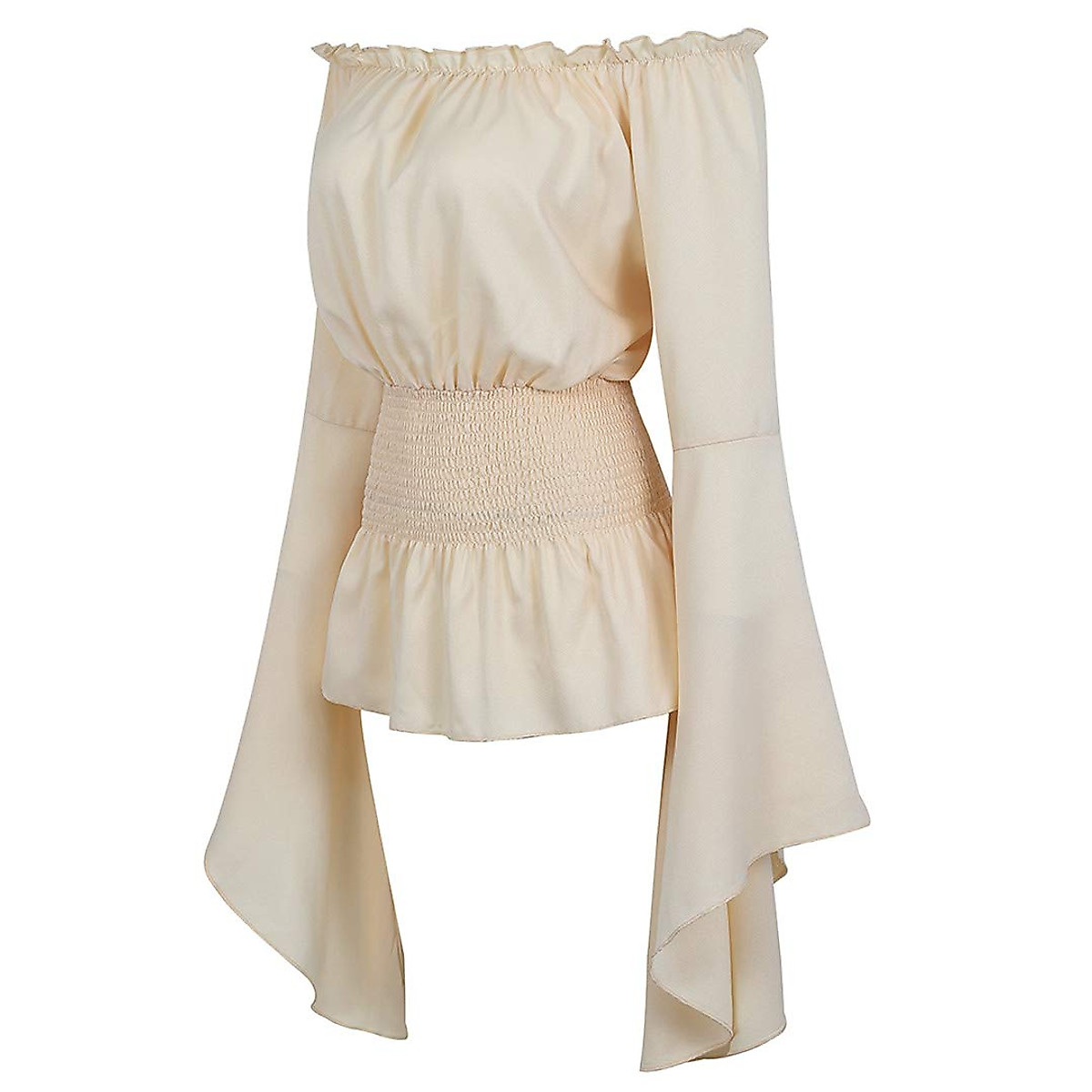 Womens Victorian Long Sleeve Boho Blouse Top Plus Size Renaissance Shirt Gothic Ruffle Pirate Skirt Cosplay Costumes Beige-M