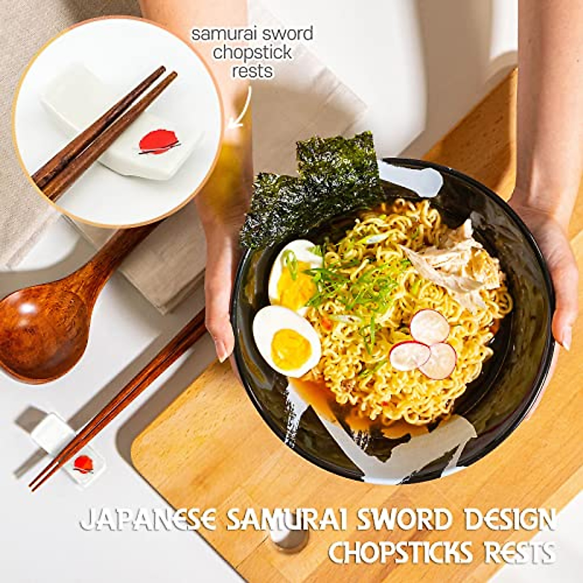 BICETTO Ceramic Japanese Ramen Bowl Set, 60oz Large Ramen Bowls with Chopsticks, Spoons and Chopstick Rests – Bowl for Ramen, Pho, Salad, Poke, Soup, Udon – Minimalist Design, Premium Quality, Black