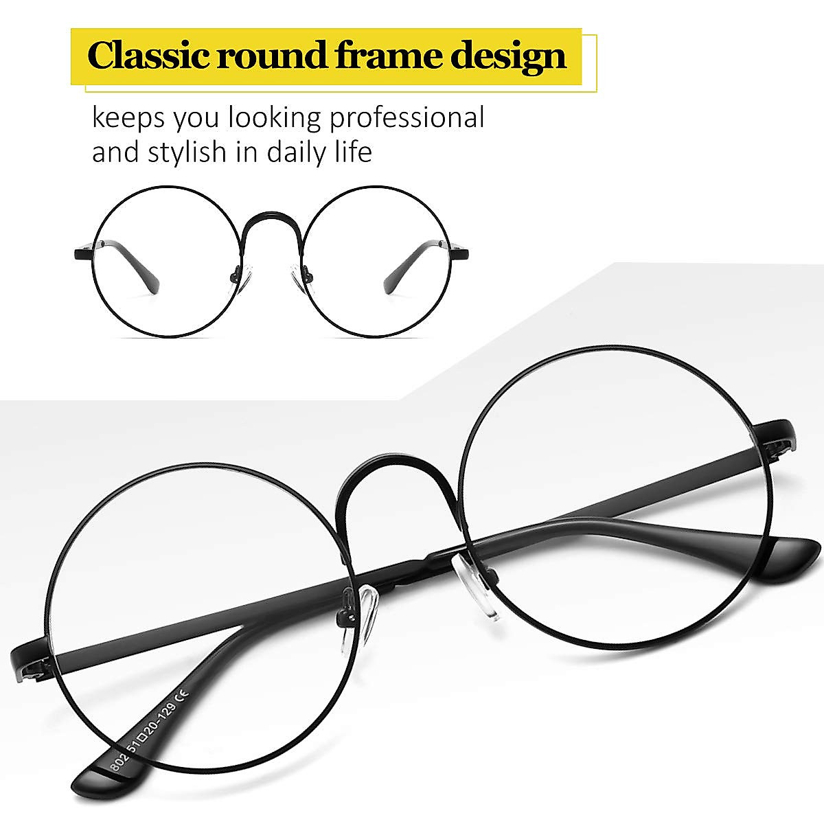 Votange Retro Round Metal Frames Glasses- Clear Lens, Black
