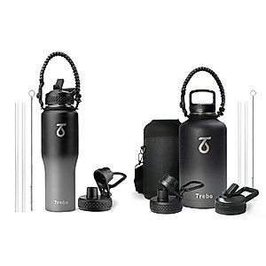 Trebo Water Bottle 32oz&64oz with Paracord Handle, Half Gallon Food-grade Double Wall Vacuum Stainless Steel Insulated Jug with Straw Spout Handle Lids, Leakproof Keep Cold & Hot Ombre: Dark Gray