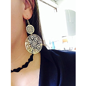 IDB Delicate Filigree Dangle Double Circle Drop Hook Earrings - Approx 3 1/4 inches (3.25" / 8.2 cm) Length x 1 13/16 inches (1.81" / 4.6cm) - (Gold Tone)