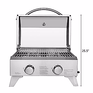 ZOKOP Portable Propane Gas Grill, 20000 BTU Tabletop Stainless Steel 2-Burner BBQ Grid with Foldable Legs for Picnic Camping Trip, Tailgating, Patio Garden Home Use, 22 x 18 x 15 Inch, Steel, Silver