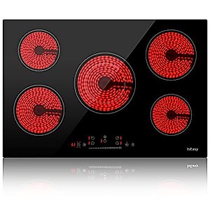 Electric Cooktop 30 Inch, IsEasy Ceramic Cooktop 5 Burners Electric Stove Top Built-in Countertop 8200W Electric Radiant Cooktop with 9 Heating Level, 220-240V, Hard Wire, No Plug