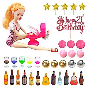 36 PCS Mini Wine Bottles Cake Toppers With 12 Mini Wine Bottles 5 Mini Wine Glasses 1Toilet Toy 1 Beauty Doll 21st Birthday Cake Topper for Celebrating Birthday Girl Party (Pink)