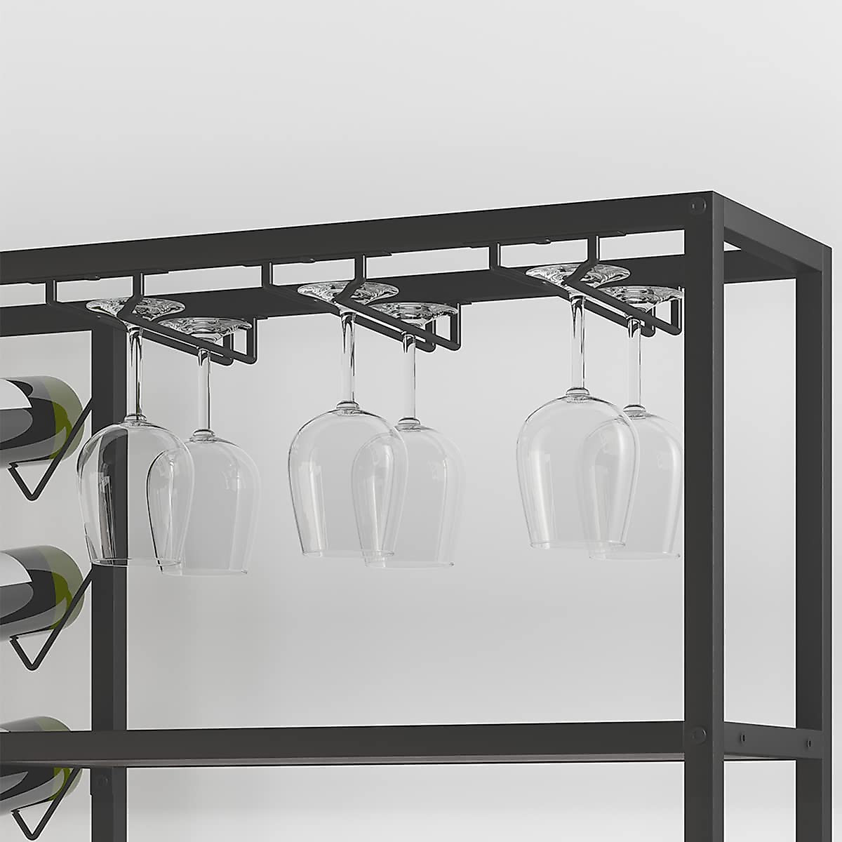 Launica Rustic Wine Rack Freestanding Floor, Industrial Modern Wine Bakers Rack, Farmhouse Wood and Metal Wine Bar Cabinet with Wine Storage and Glass Holder for Home Kitchen Dining Room, Rustic Oak