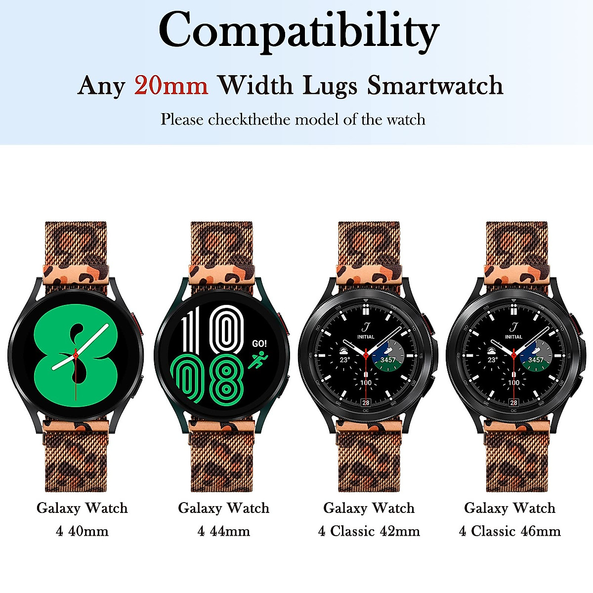 Wanme for Samsung Galaxy Watch 4 Band 40mm 44mm, Galaxy Watch 4 Classic Bands 42mm 46mm Women Men, 20mm Stainless Steel Metal Replacement Bracelet Strap for Samsung Watch 4 Bands (Leopard)
