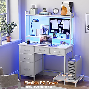 Korfile Computer Desk with Hutch, White Gaming Desk with Power Outlets & LED Light & 5 Fabric Drawers, Home Office Desk with 2 Tiers Storage Shelves for Display, 39" Small Table for Bedroom