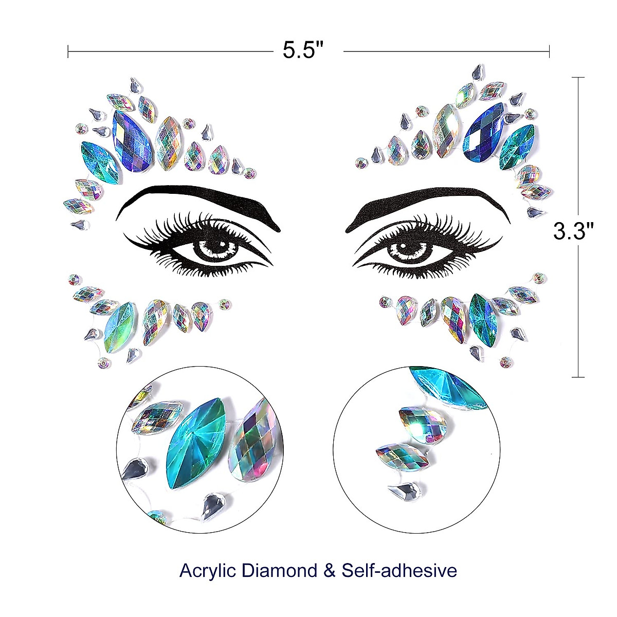 Face Gems, 6 Sheets Mermaid Face Jewels for Makeup Rave Festival Halloween Stick on Face Body Self Adhesive Rhinestone Gemstones Stickers