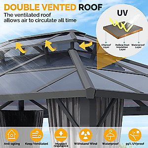 BACKYADOOR 10'x 12' Hardtop Gazebo, Outdoor Gazebo with Aluminum Frame, Double Roof Polycarbonate Gazebo with Netting and Curtains for Patio, Deck, Backyard （Gray）