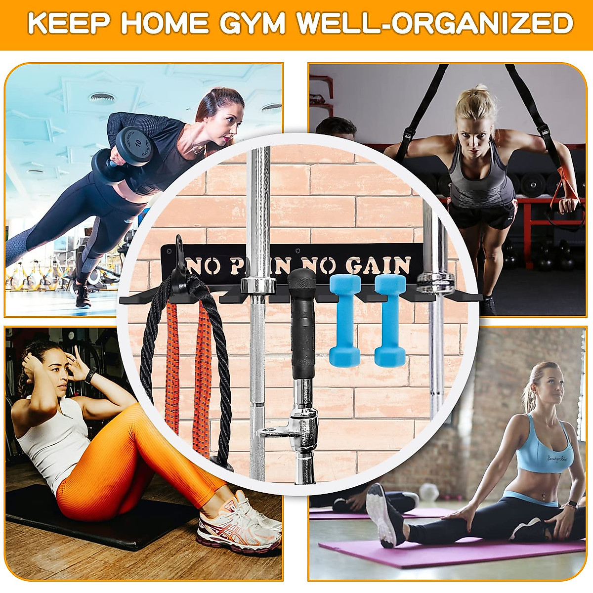 Gym Home Rack 8 Hook Heavy-Duty Wall-mounted Organizer Multi-Purpose Workout Gear Wall Hanger Storage for Resistance Bands Jump Ropes Lifting Belt Fitness Bands Barbells Carabiners Included