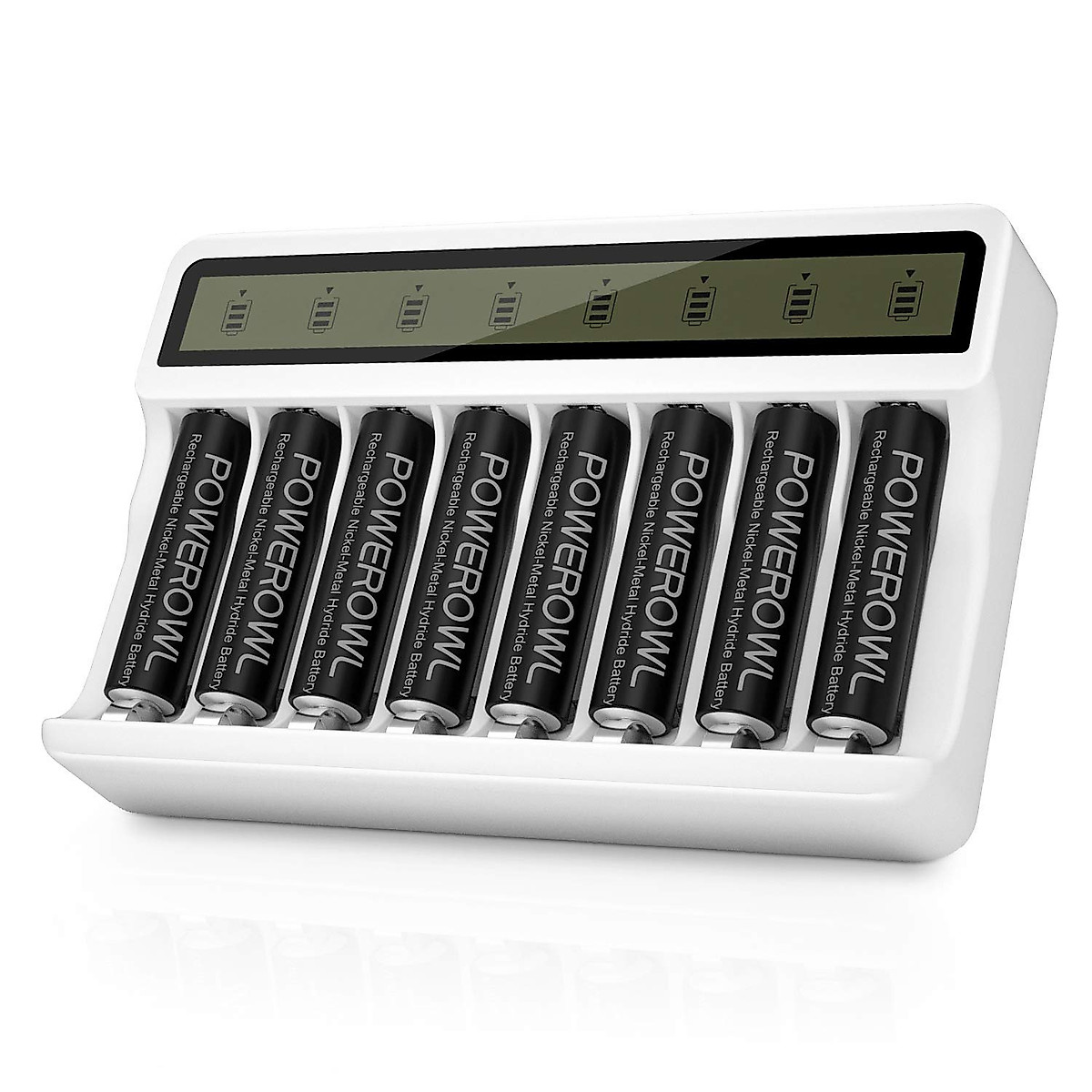 POWEROWL 2800mAh Rechargeable AA Batteries with Smart 8 Bay Battery Charger, Low Self Discharge Ni-MH Double A Batteries, 8 Count