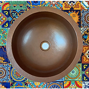 15" Round Copper Bathroom Sink Mexican Copper Bath Sink Pure Copper Hand Hammered Dual Mount Brown CPS06