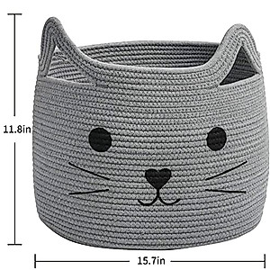 HiChen Large Woven Cotton Rope Storage Basket, Laundry Basket Organizer for Towels, Blanket, Toys, Clothes, Gifts | Pet Gift Basket for Cat, Dog - 15.7" L×11.8" H, Gray