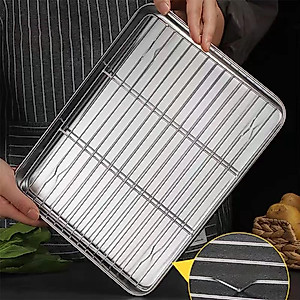 N&S AMOCWJ Food Grade Cookie Sheet with Wire Rack, Half Baking Pan for Oven Cooking, Stainless Steel Rimmed Tray Cooling Roasting Broiling Bacon Meat Steak - Dishwasher Safe (XL), Silver