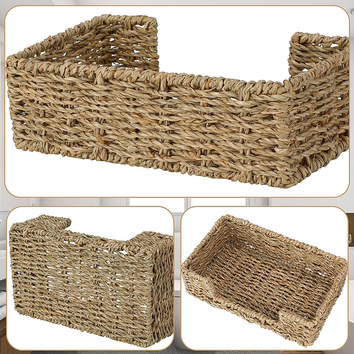Graciadeco Bathroom Disposable Guest Towel Napkin Holder Long Seagrass Woven Rattan Wicker Table Dinner Paper Hand Guest Towel Napkin Basket Tray Caddy for Kitchen