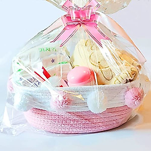 RengaoRise Small Pink Basket with Pompoms, 10.6" x 9.8" x 4.3" Oval Decorative Cute Cotton Rope Woven Baby Basket for Diapers, Towels, Hair Accessories,Toys, Gifts, Basket Empty to Fill for Baby Shower, Nursery, Birthday
