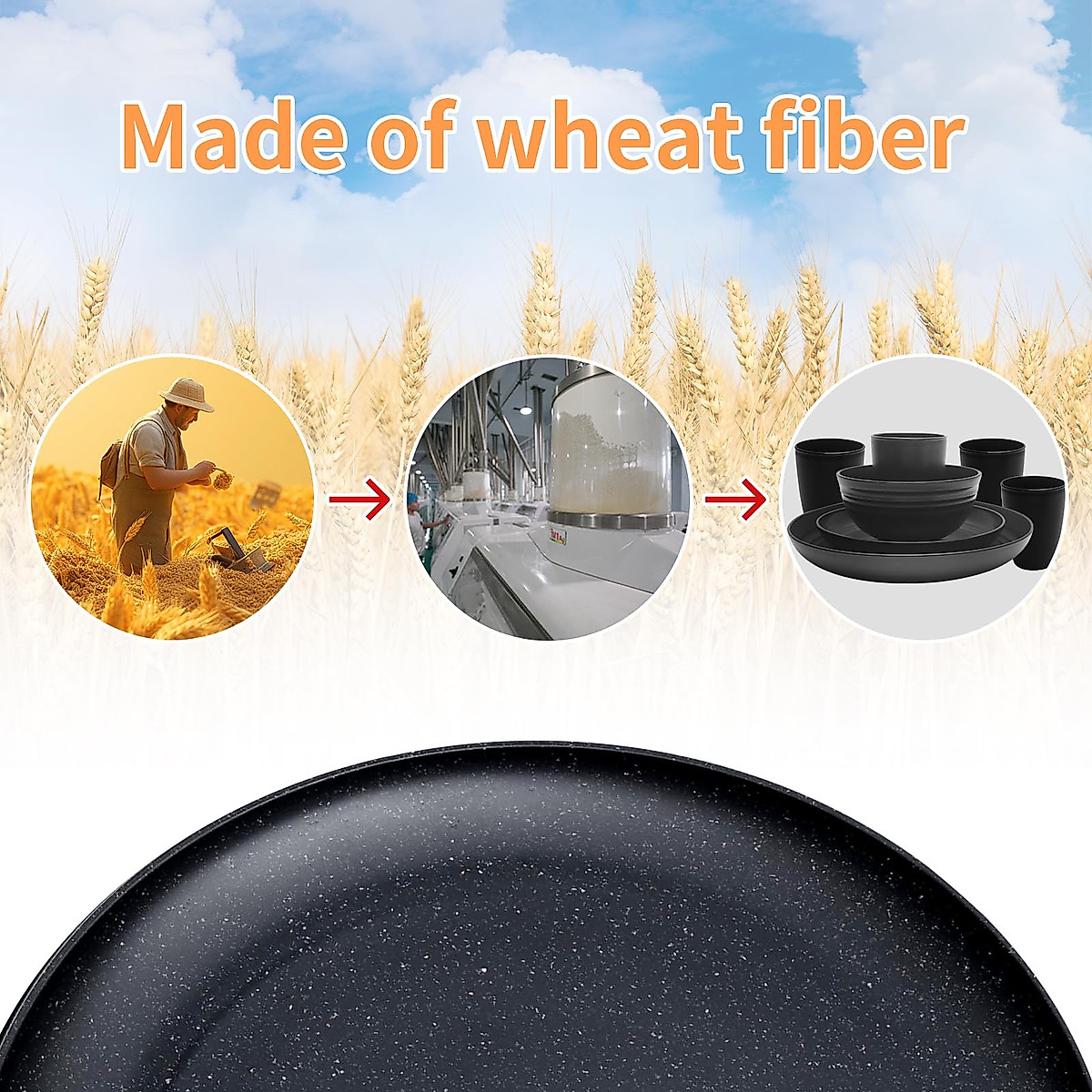 VIVAHEARTH 16-Piece Wheat Straw Dinnerware Sets, Dishes Set for 4, Unbreakable Plates, Bowls, Cups Sets for Kitchen Parties Camping RV - Black