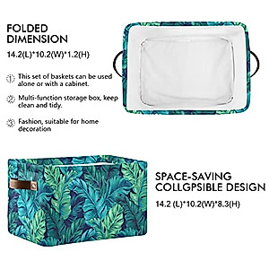 Large Storage Basket Turquoise Tropical Leaves Green Foldable Storage Box Organizer Bins with Handles for Bedroom Home Office