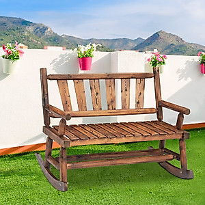 FURNDOOR Outdoor Wooden Rocking Double Chair, Rustic Log Porch Rocking Bench Rocker Chair for Patio, Backyard, Garden (2-Seat), Brown
