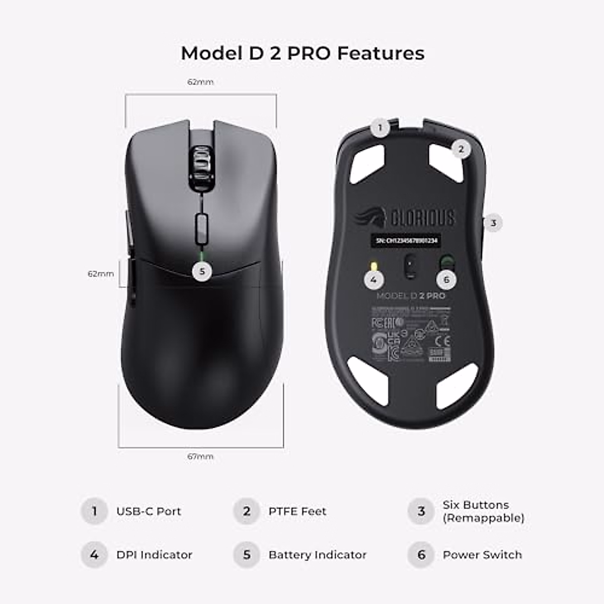 Glorious Gaming Model D 2 PRO Wireless Gaming Mouse - 2.4GHz Wireless 1ms delay, 100M clicks, 60g Ultralight, Long Battery Life, 26K DPI BAMF 2.0 Sensor, Ergonomic, 6 Buttons, PTFE Feet