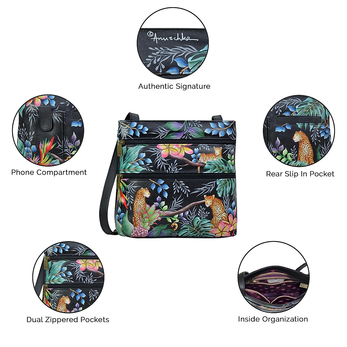 Anuschka Women’s Hand-Painted Genuine Leather Medium Crossbody With Double Zip Pockets - Bel Fiori