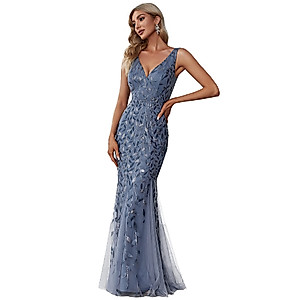 Ever-Pretty Women's Formal Dress Sequin Double V-Neck Sleeveless Mermaid Long Evening Dress Dusty Navy US10
