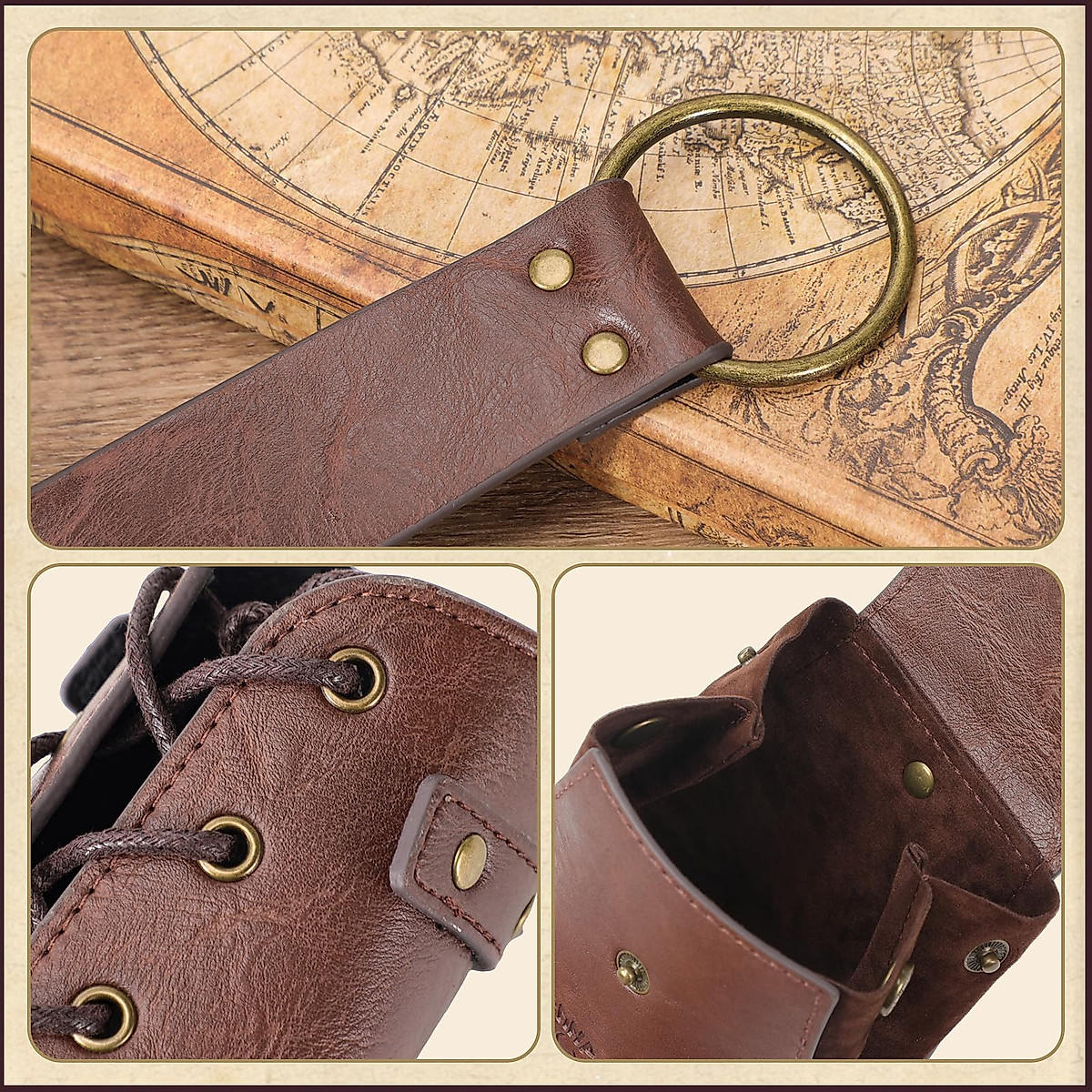 Berenlu 3 PCS Renaissance Accessories, Viking Renaissance Belt Medieval Vintage Belt Pouch, and Leather Bracers, Enhance Your Halloween Renaissance Cosplay with Medieval Accessories (Brown)