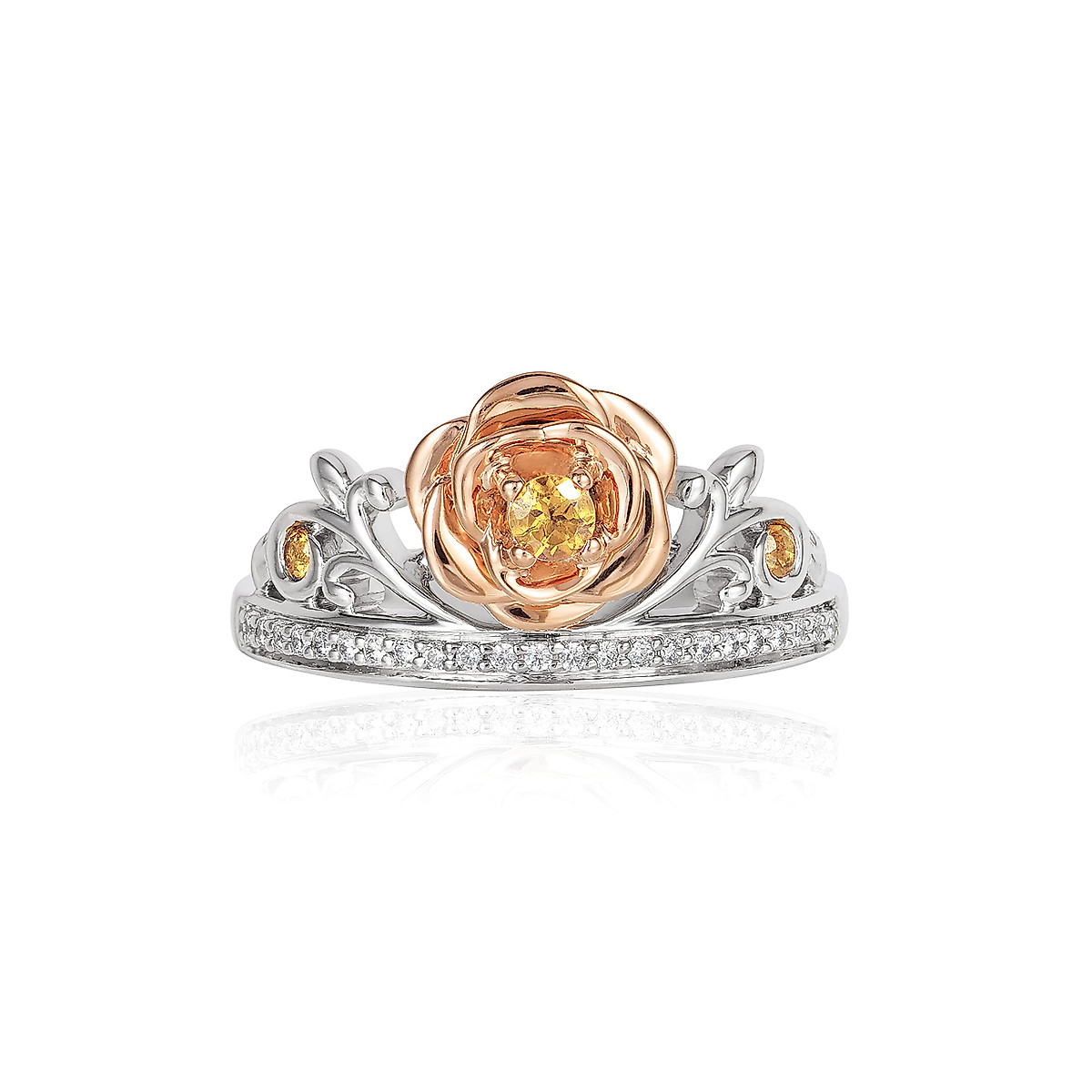Disney Princess Belle Inspired Rose Ring with 1/10 CTTW Diamonds and Yellow Citrine in 14K Rose Gold over Sterling Silver Size 7 by Jewelili | Enchanted Disney Fine Jewelry