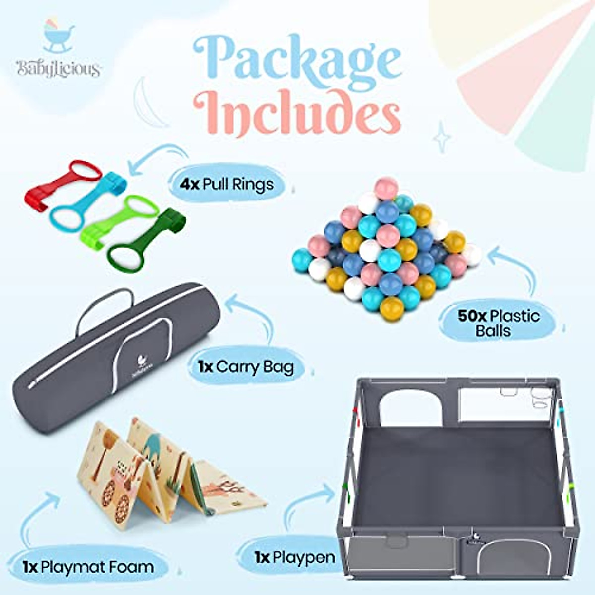 Baby Playpen with Full Play Mat for Babies and Toddlers - Cozy Play Yard with Gate, Fence, Game Balls & Carry Bag - Indoor or Outdoor - 72 x 60 Inch Play Area - Large Cuddlepen by Babylicious