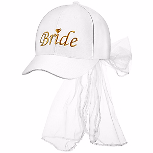 Bridal Baseball Cap Women's Lace Veil Adjustable Bride Hat Wedding Bridal Party Hat Gold Embroidered Ponytail Trucker Ponycap for Bachelorette Wedding Beach Ball Sports, White