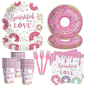 Suhelkit Donut Baby Sprinkle Decorations Tableware Girl - Sprinkled with Love Baby Shower Decorations Party Supplies, Paper Plate, Napkin, Cup, Fork, Pink Donut Baby Shower Decorations | 24 Guests