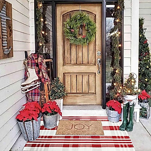 Christmas Door Mat Outdoor 27.5” x 43” Red and White Plaid Rug Christmas Decor Rug Cotton Hand-Woven Layered Door Mats Washable Carpet for Front Porch, Kitchen, Farmhouse, Entryway (27.5” x 43”)