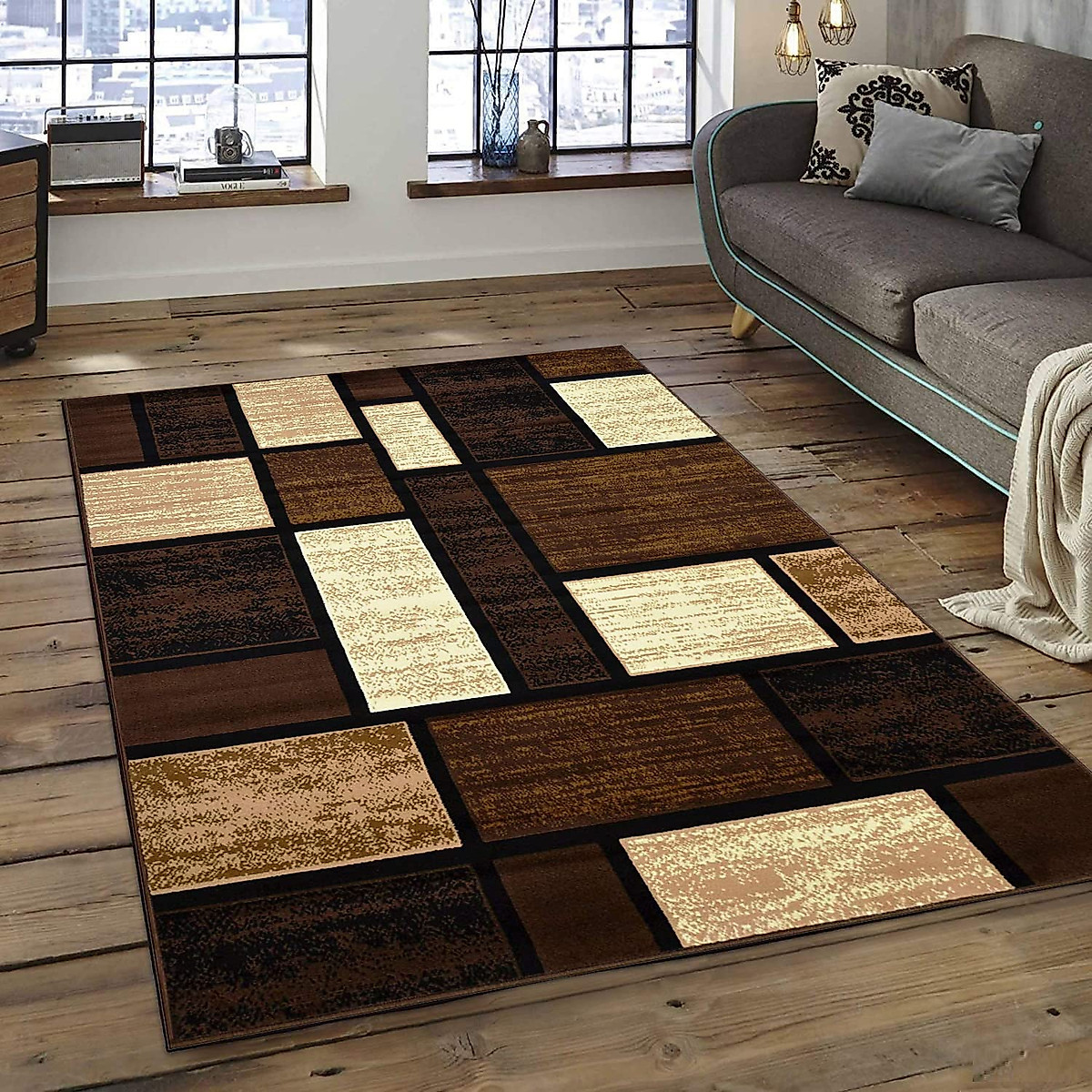 Champion Rugs Modern Brown Blocks Contemporary Geometric Design Area Rug, Perfect Hardwood, Tile, or Carpet Cover, Ideal for Bedroom, Kitchen, Living Room, Entryway, or Office (2’ X 7’)