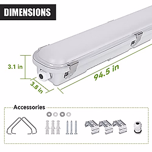 hykolity 8FT LED Vapor Tight Light, 65/75/90W Vapor Light Fixture, [4-lamp F32T8 Equiv.] 3000K/4000K/5000K CCT Selectable, 130lm/W, Waterproof Shop Light for Parking Carport Car Wash, 2 Pack