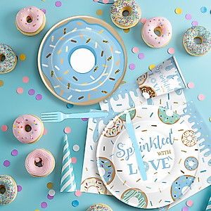 Suhelkit Donut Baby Sprinkle Decorations For Boy - Blue Sprinkled with Love Baby Shower Party Supplies, Plate, Napkin, Cup, Tablecloth, Cutlery, Donut Baby Shower Decorations Tableware, 24 Guests