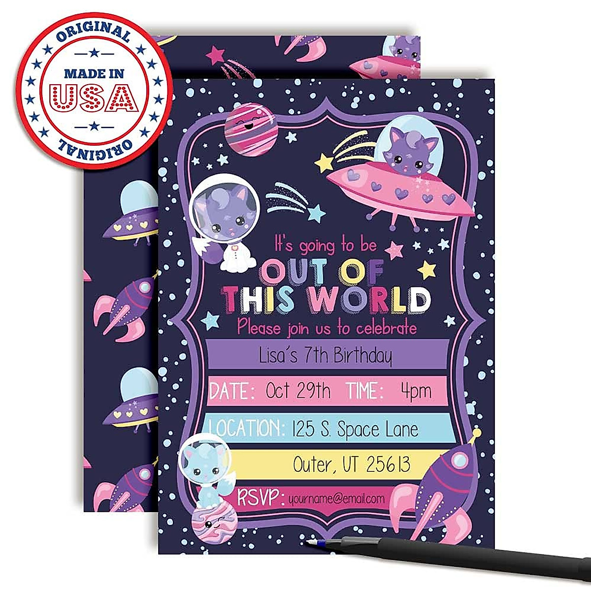 Out Of This World Cute Cats In Space Themed Birthday Party Invitations for Kids, 20 5x7 Fill In Cards with Twenty White Envelopes by AmandaCreation