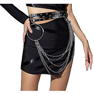 HUI GUO Women's Gothic Body Chain Belt Leather Punk Waist Belt with O-ring Metal Chain Tassel Adjustable Buckles(Black3), One Size