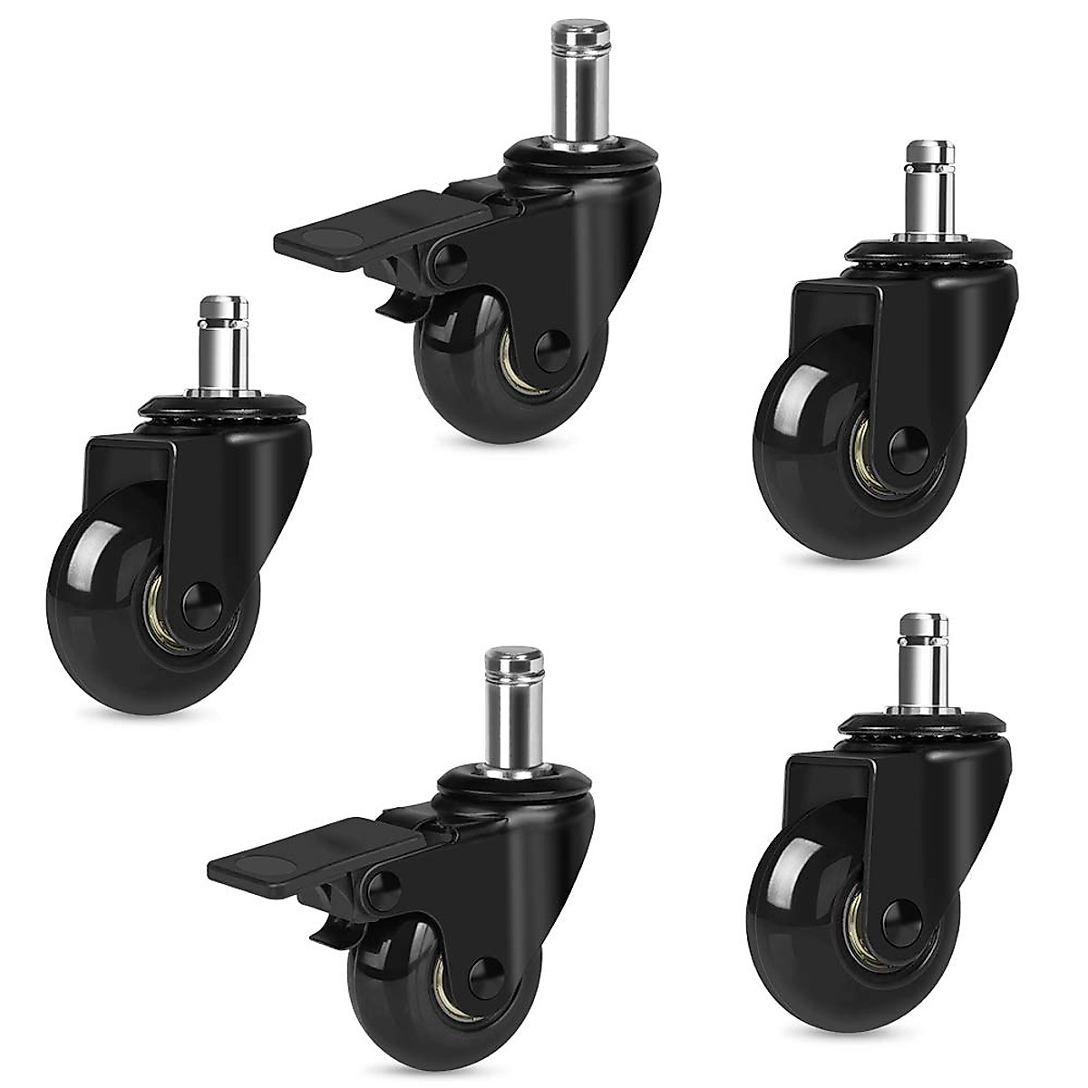 Hirate 5 Pack Office Chair Casters (2 with Brakes, 3 Without), 2" Lockable Heavy Duty Swivel Caster Wheel Replacements for Hardwood Floor Carpet