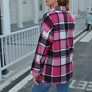 Women Flannel Shirts Plus Size, Women Plaid Long Shirt Button Down Collar Long Sleeve Oversized Shacket Jacket Hot Pink