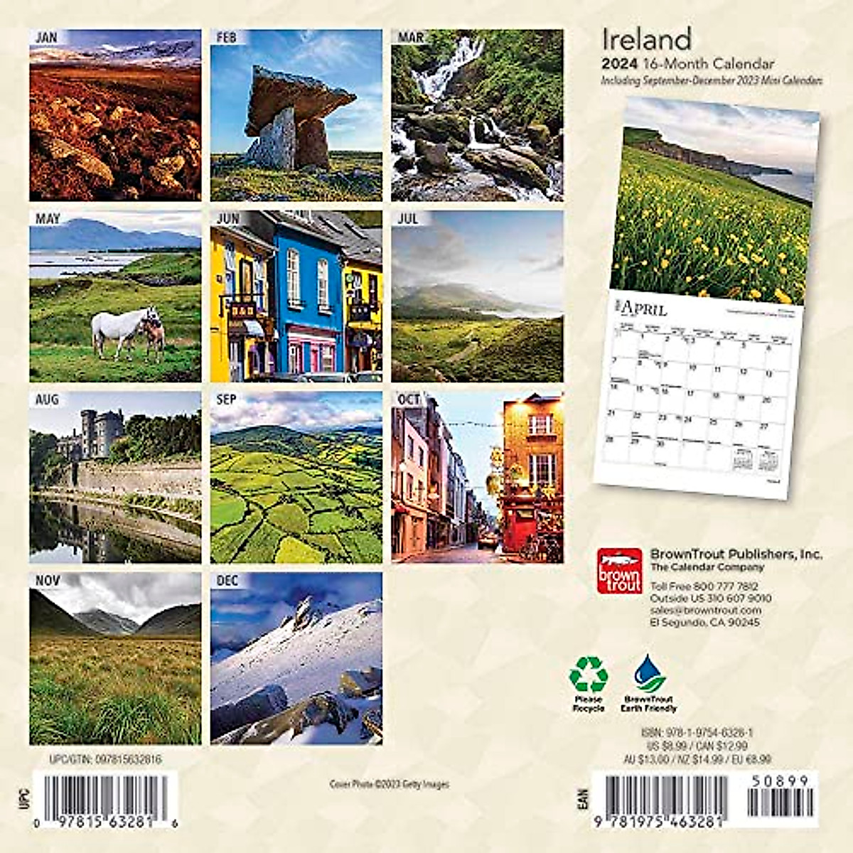 Ireland | 2024 7 x 14 Inch Monthly Mini Wall Calendar | BrownTrout | Scenic Travel Dublin Irish