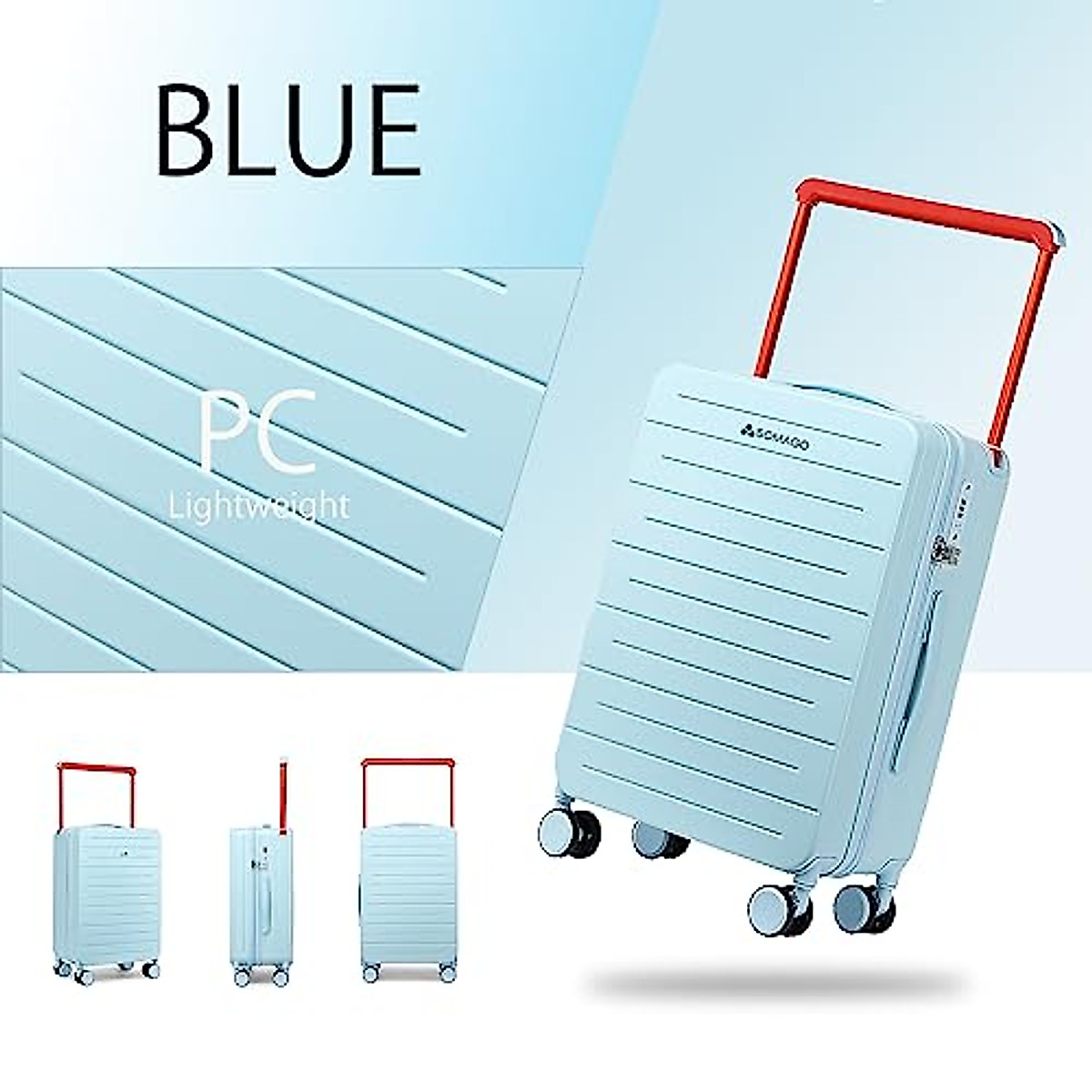 Somago 20 inch Carry On Luggage Wide Handle PC Hardside Rolling Bussiness Travel Suitcase With TSA Lock YKK Zipper&Silent Double Spinner Wheels(Blue)