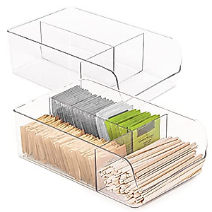 Smart Design 3 Compartment Clear Bin Organizer - Set of 2 - BPA Free Plastic Resin - Tea, Sugar, Straws, Fridge, Freezer, Cabinet, Food, Pantry Storage - Kitchen Organizer - Clear