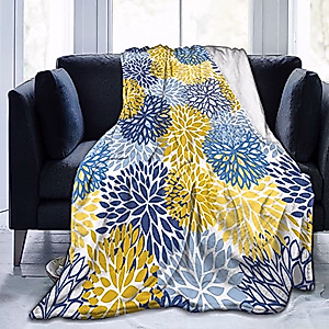 Abucaky Blue Yellow Navy Chrysanthemum Flowers Fleece Throw Blanket Ultra Soft Cozy Decorative Flannel Blanket All Season for Home Bed Couch Chair Travel 50x40in