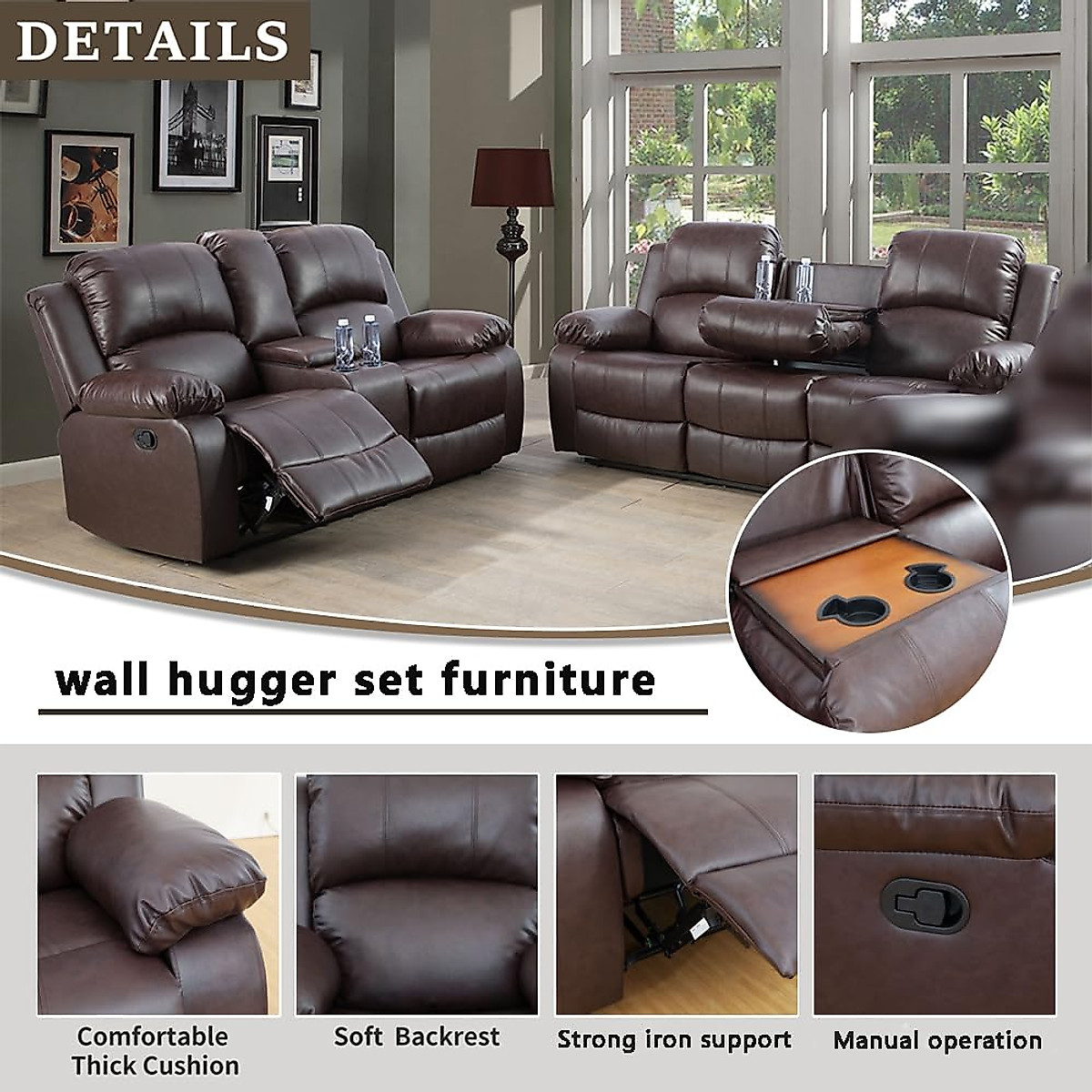 A Ainehome Living Room Furniture Set Leather Recliner Sofa Set Loveseat Chair Furniture Sofa Set for Living Room/Small Space/Rv/House/Office/Theater Seating (A-Brown Leather, Sofa+Loveseat)