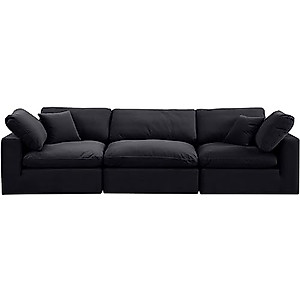 Meridian Furniture 189Black-S119 Comfy Collection Modern | Contemporary Upholstered Modular Sofa with Soft Black Velvet, Down Feather Cushions, 119" W x 40" D x 34.5" H, Black