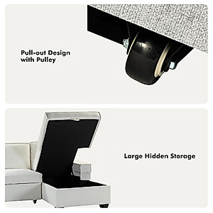 HULALA HOME Modern Sectional Sleeper Sofa, 3-seat L-Shaped Wide Couch with Storage Chaise, Pull Out Sleeper for Small Space, Living Room, Apartment and Office(White)