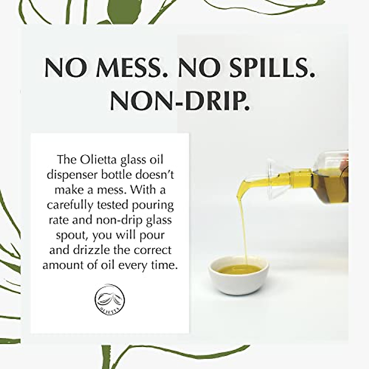 Olietta Glass Non Drip Leak Proof No Mess Oil Dispenser and Vinegar Cruet Pourer for Kitchen 17oz 500ML - Great for Pouring & Drizzling Olive Oil & Liquids - Easy to Clean, Drip Free and Leakproof