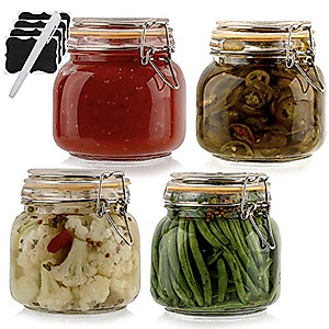 Glass Jars with Airtight Lid | Glass Airtight Food Storage Containers | Clear Leak Proof Rubber Gasket and Clamp Lid [Set of 4-25 oz]