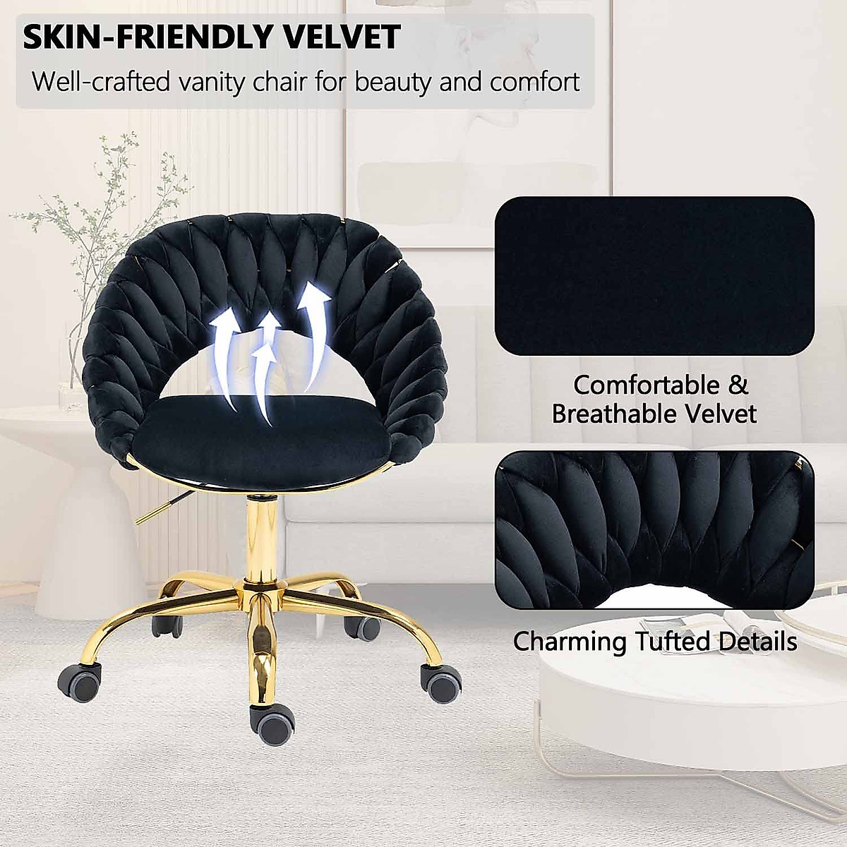 Modern Velvet Office Desk Chair, Upholstered Makeup Vanity Chair with Woven Tufted Back and Gold Base, Swivel Task Chair with Wheels Women Girls Cute Desk Chair for Vanity Room Bedroom Study Black