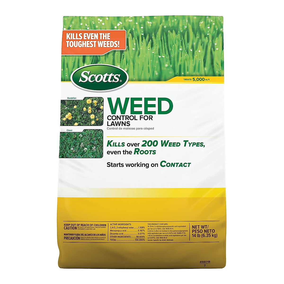 Scotts Weed Control for Lawns, Weed Killer, Kills Over 200 Weed Types Including Dandelion and Clover, 5,000 sq. ft., 14 lbs.
